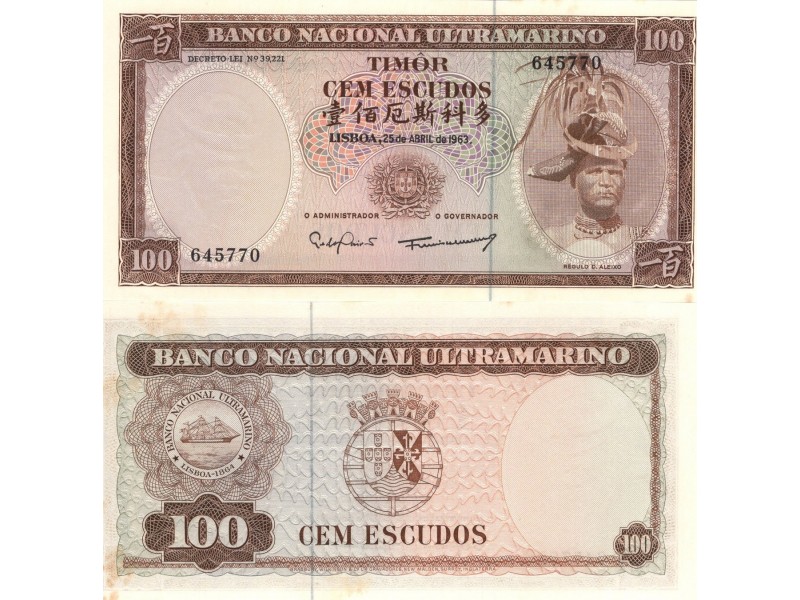 TIMOR 100 Escudos 1963 UNC, P-28 jako retko