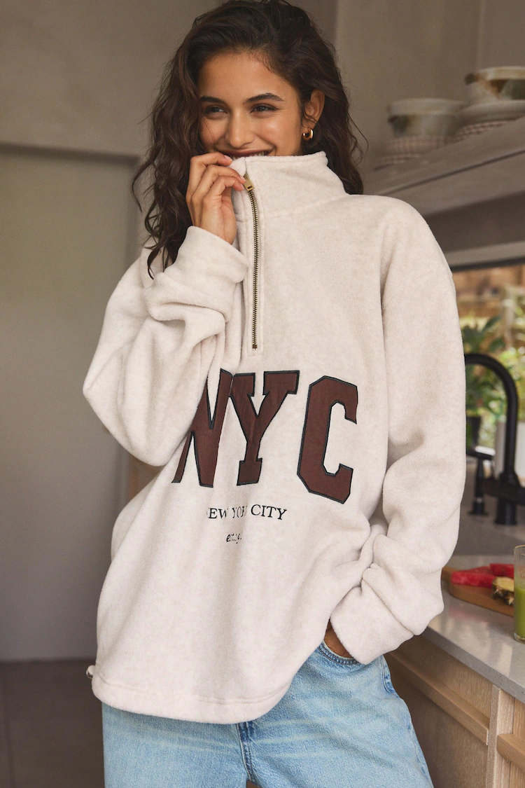 Ecru NYC Half Zip Fleece Top