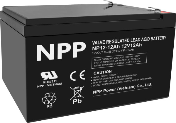 NPP NP12V-12AH, AGM BATTERY, C20=12AH, T2, 151X98X95X100, 3,3KG, BLACK