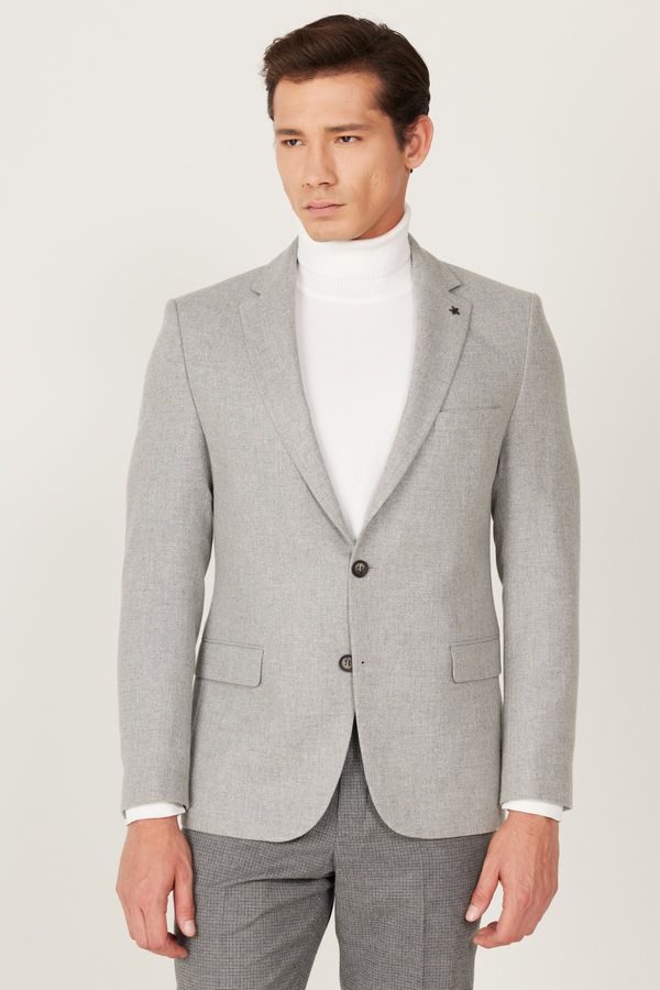 ALTINYILDIZ CLASSICS MEN'S GRAY SLIM FIT SLIM FIT MONO COLLAR PATTERNED WOOLEN BLAZER JACKET