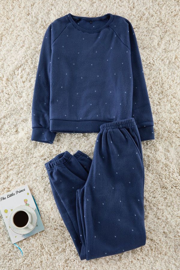 TRENDYOL NAVY BLUE POLKA DOT FLEECE WINTER KNITTED PAJAMAS SET