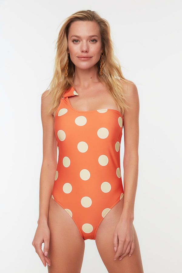 TRENDYOL ORANGE POLKA DOT PATTERNED ONE-SHOULDER SWIMSUIT