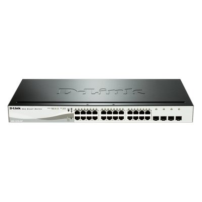 D-Link 24-port PoE Smart Gigabit 10/100/1000Mbps Switch, Power budget XXW, w/ 4 Combo SFP ports, VLAN, QoS, ACL, Security, Port mirroring, STP, Link Aggregation, IGMP, Web management, Rackmount ki...