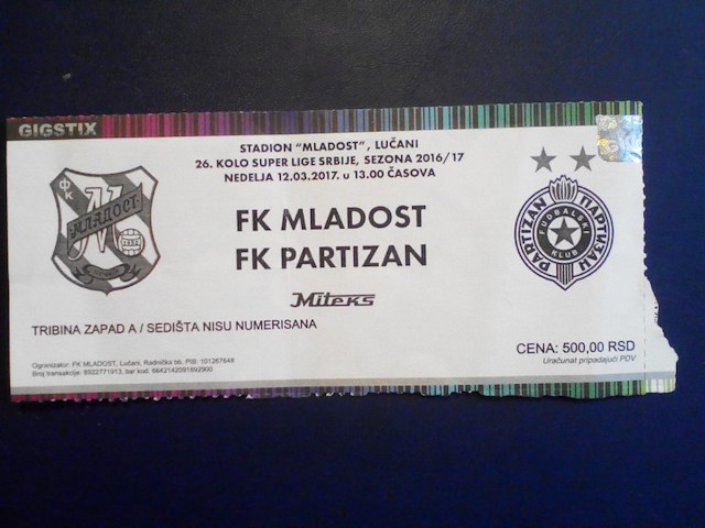 FUDBAL: MLADOST (Lucani) - PARTIZAN 12.03.2017