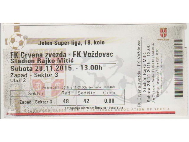 FUDBAL: CRVENA ZVEZDA - VOZDOVAC 28.11.2015