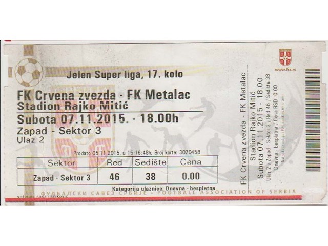 FUDBAL: CRVENA ZVEZDA - METALAC 07.11.2015