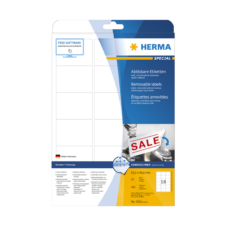 ETIKETE HERMA 63X46,6MM A4/18 25L REMOVABLE