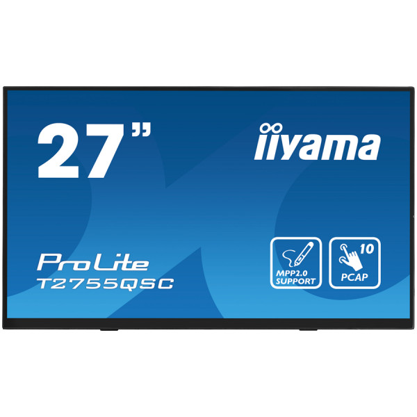 IIYAMA Monitor LED T2755QSC-B1 27'' Optical Bonded PCAP 10pt IPS Edge to edge glass 2560 x 1440 @75Hz 400 cdm˛ HDMI DP USB Hub Tilt angle 1