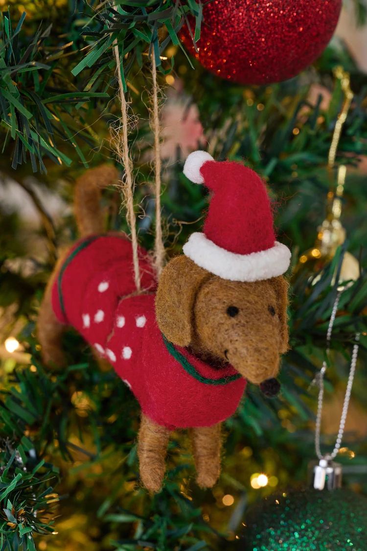 Red Felt Sausage Dog Christmas Bauble