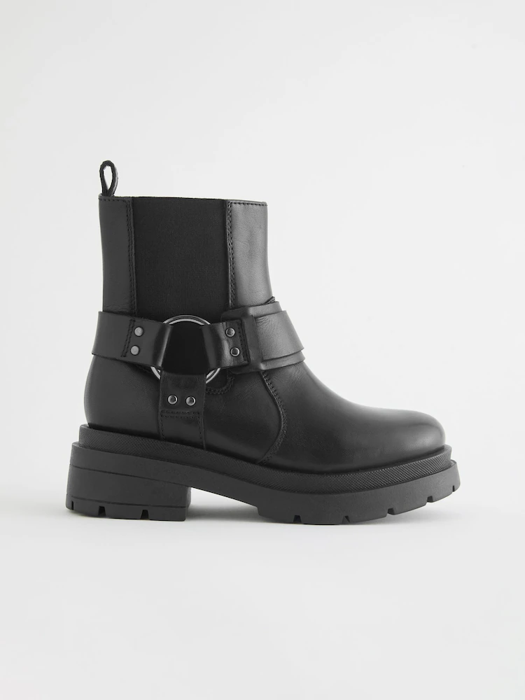 Black Standard Fit (F) Leather Chunky Biker Boots