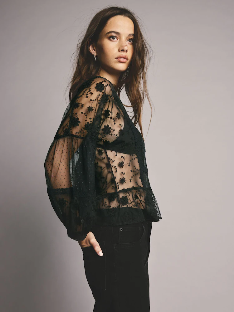 Black Sheer Lace High Neck Blouse