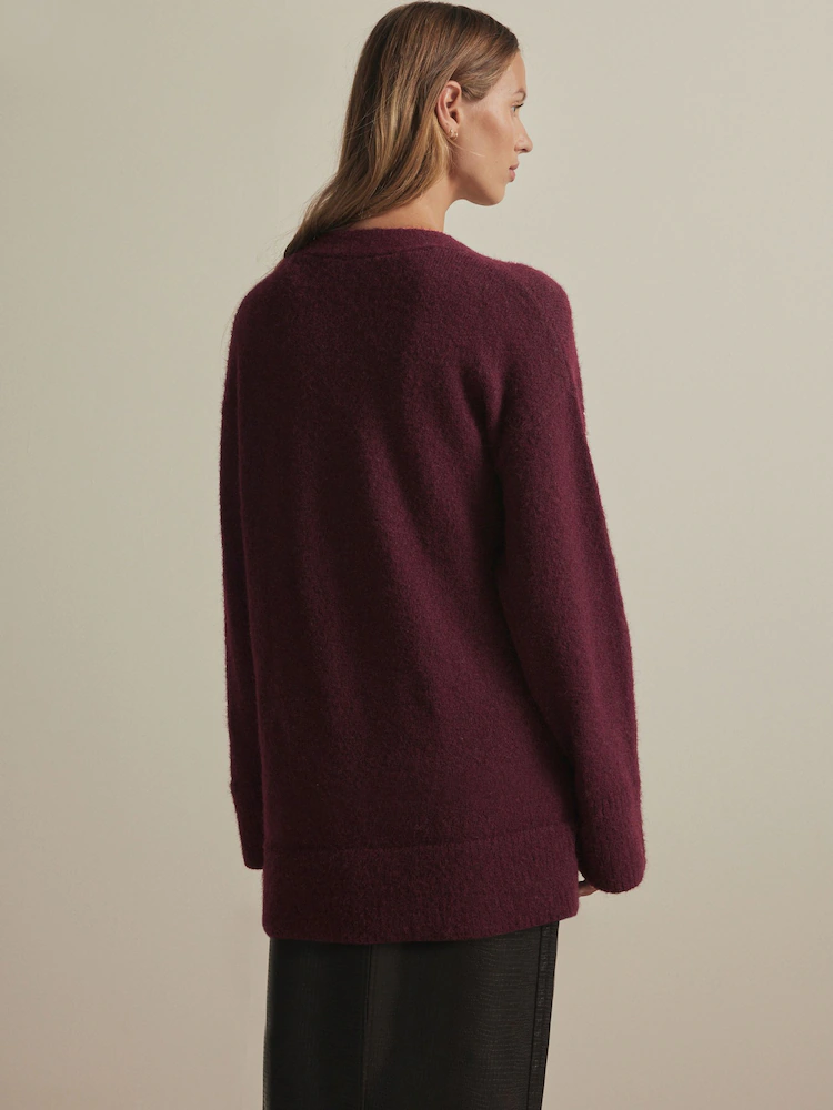 Red Berry Relaxed Fit Oversized Longline Button Knitted Cardigan