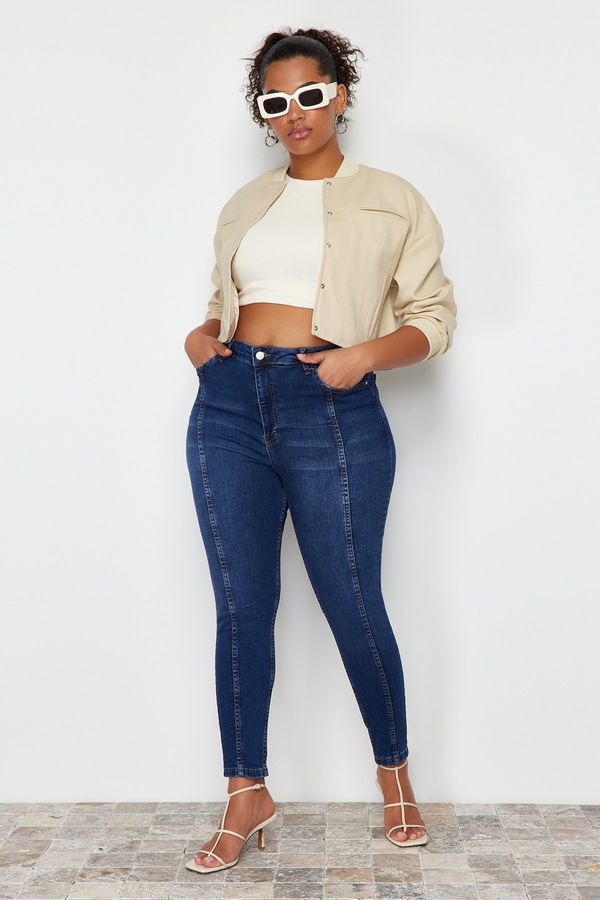 TRENDYOL CURVE DARK BLUE STRETCHY SKINNY JEANS WITH STITCHING DETAIL