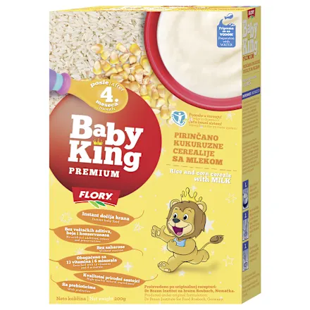 Baby King
PREMIUM pirinčano kukuruzne cerealije sa mlekom, od 4. meseca, 200 g
Dijetetska namirnica