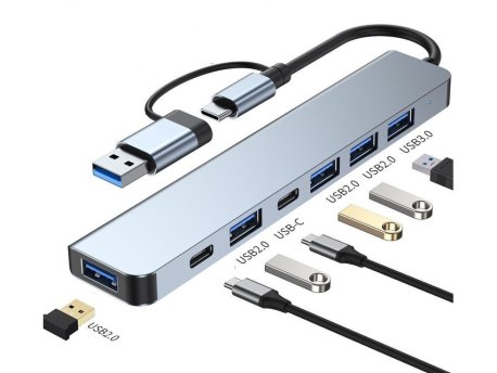 E-GREEN Adapter USB 3.0/USB 3.1 tip C (M) - USB 3.0 + 3 x USB 2.0 + 3.5mm audio + SD/TF + 1 x tip C (8 u 2)