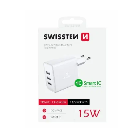 Swissten Punjač, 3xUSB, 15W, Beli