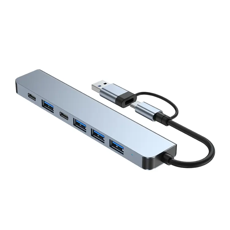 Adapter Type C - USB 3.0 na 2xType C, 3xUSB 3.0 i 2xUSB 2.0, 7u1, 20cm, Sivi