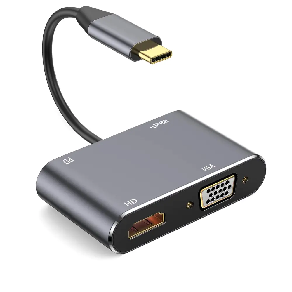 Adapter Type C na HDMI VGA PD USB3.0, 4 u 1, Sivi