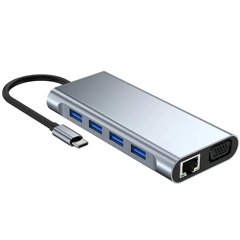 Adapter Type C na LAN Gb, SD card, TF, Type C, 4xUSB 3.0, Audio, HDMI i VGA, 11 u 1, 20cm kabl, Sivi