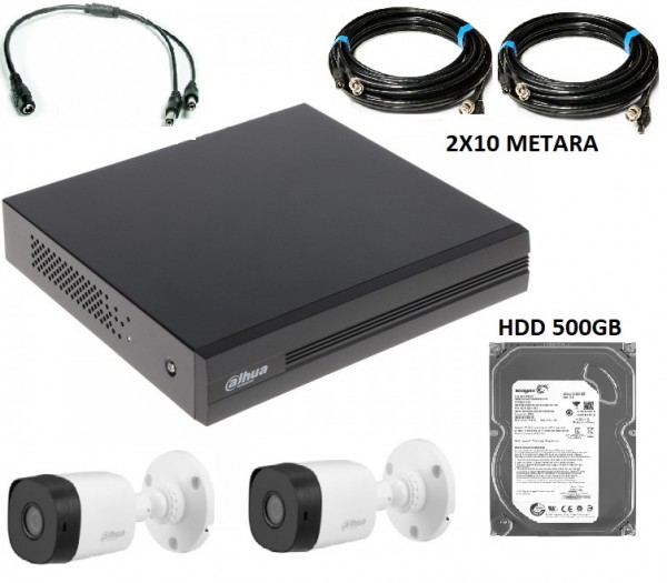 Dahua SET-15 * 2 kamere HAC-B2A21-0360B + DVR4CH + 2xRG59+2X0.75 sa napajanjem+500GB HDD