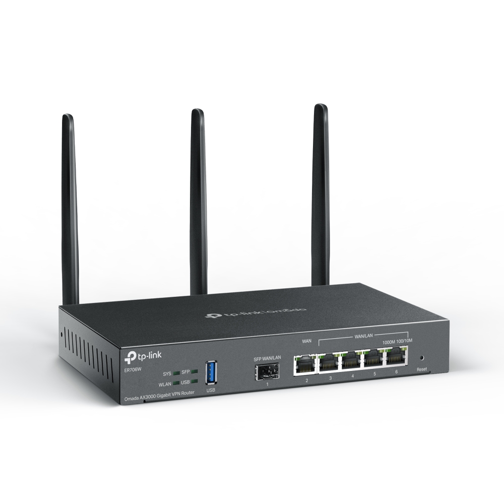 TP-Link ER706W Omada WiFi 6 AX3000Mb/s VPN Firewall IDS/IPS ruter 6 Gigabit LAN/WAN SFP + 5 RJ45 + USB3.0 (4G LTE, Storage), IPsec / OpenVPN / WireGuard / PPTP / L2TP, Load balance, Mesh, Cloud/We...