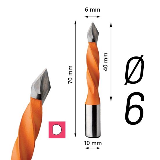 Prolazna burgija 6mm leva tvrdi metal - vidija; dužina 70/40mm prihvat 10mm za brzohodne viševretene bušilice FUL 50K.060.L