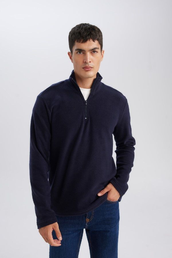 DEFACTO MEN'S NAVY BLUE NON-PILLING COLD-PROOF REGULAR FIT STAND-UP COLLAR ZIPPERED POLAR FLEECE SWEATSHIRT Y39