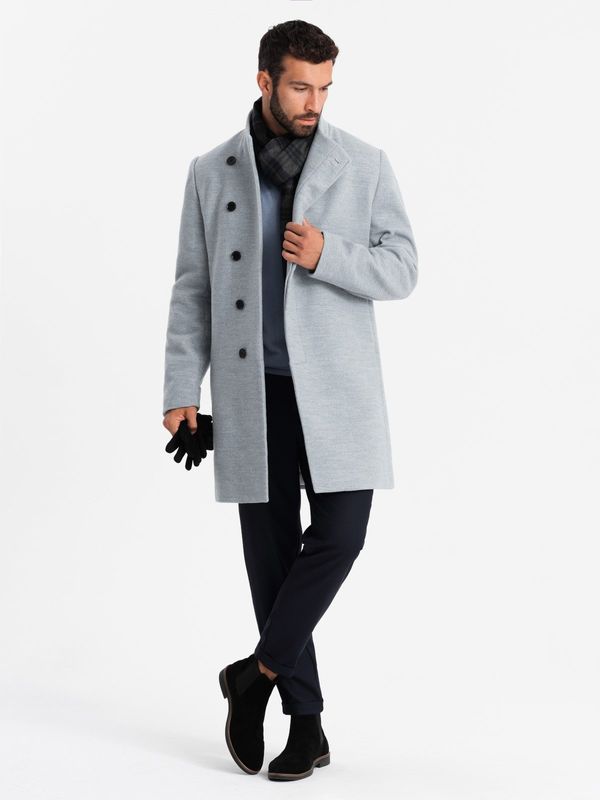 OMBRE MEN'S COAT WITH HIGH COLLAR AND ASYMMETRICAL FASTENING - GREY MELANGE
