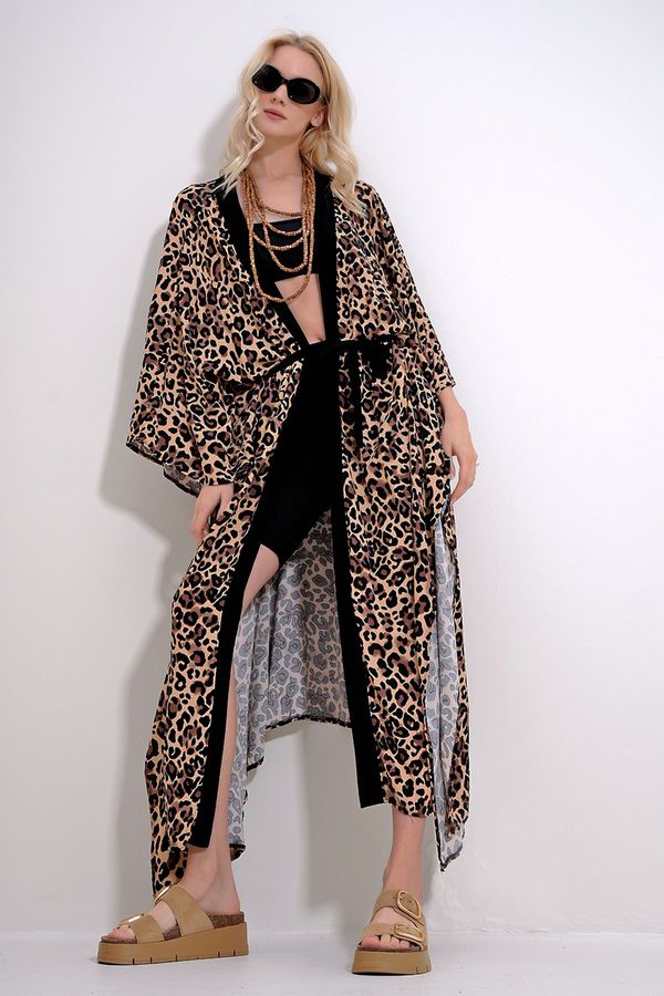 TREND ALAÇATI STILI WOMEN'S BEIGE LEOPARD PATTERNED BELLOWS BELTED MAXI LENGTH KIMONO CAFTAN