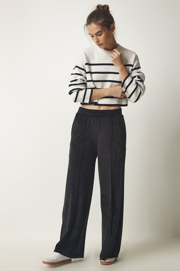 HAPPINESS İSTANBUL WOMEN'S BLACK PALAZZO VELVET TROUSERS