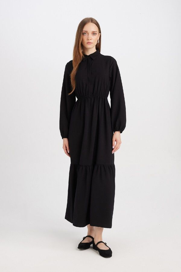 DEFACTO SHIRT COLLAR BASIC PLAIN BUTTON CLOSURE GATHERED WAIST LONG SLEEVE MAXI BLACK DRESS