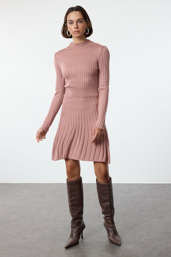 TRENDYOL DUSTY ROSE MINI KNITWEAR FRILLED STAND COLLAR DRESS