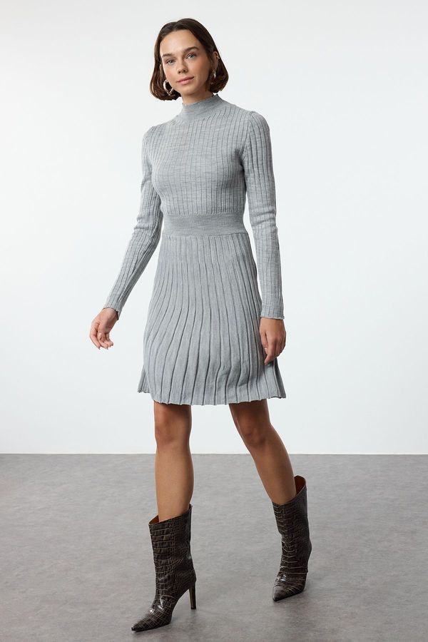 Trendyol Gray Mini Knitwear Frilled Stand Collar Dress