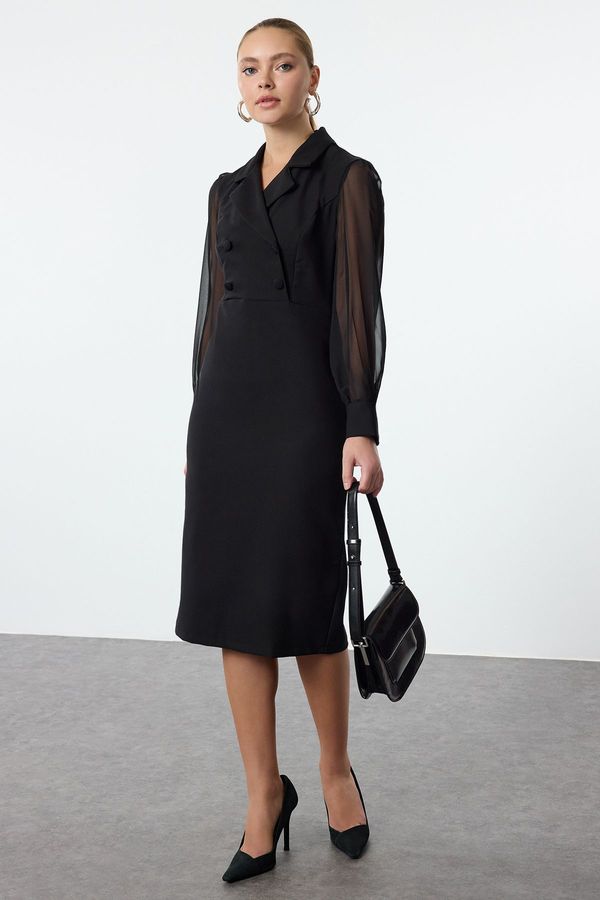 TRENDYOL BLACK BODY-HUGGING CHIFFON SLEEVE DETAILED MIDI WOVEN DRESS