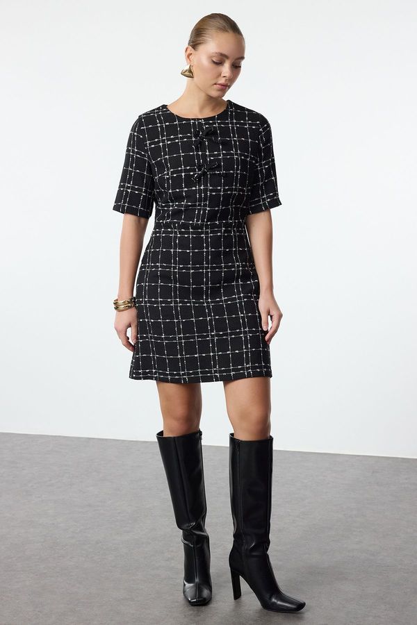 TRENDYOL BLACK CHECKERED A-LINE BOW DETAILED MINI WOVEN TWEED DRESS