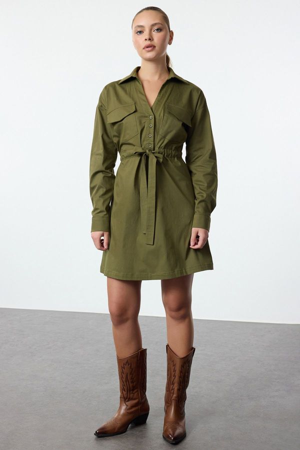 Trendyol Khaki Waist Tunnel Detailed Cotton Mini Woven Dress