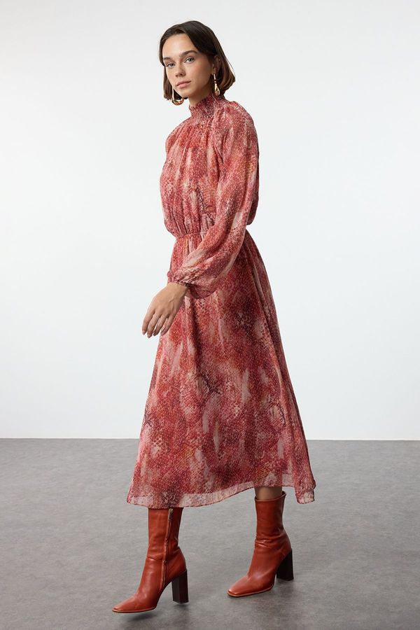 Trendyol Brick Shawl Pattern Gipel Midi Lined Woven Winter Dress