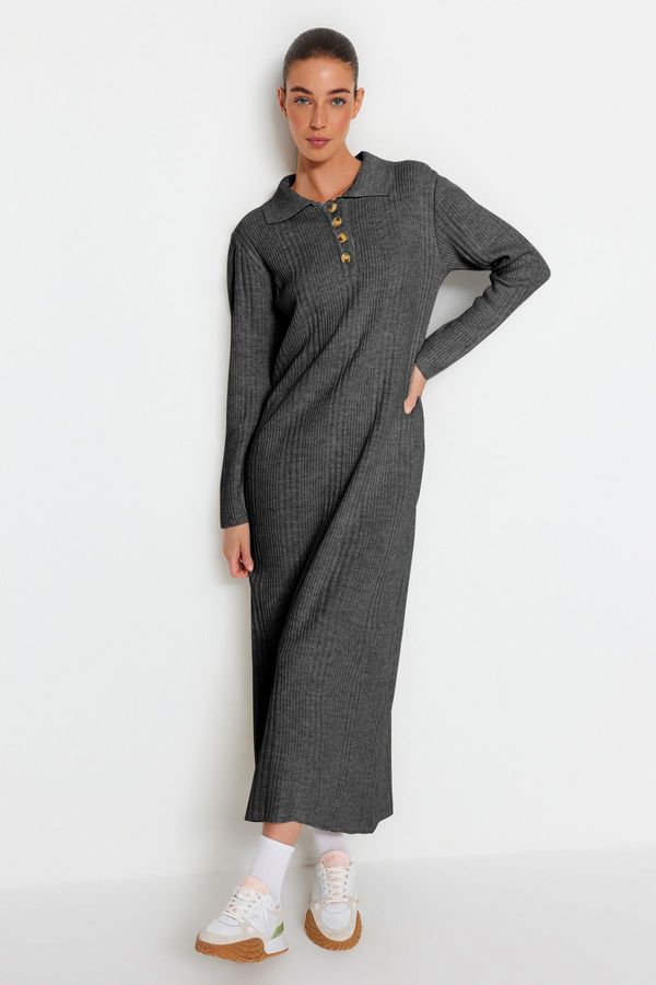 TRENDYOL ANTHRACITE POLO COLLAR RELAXED FIT RIB KNIT DRESS