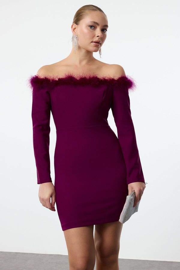 TRENDYOL PLUM BODY-SIT CARMEN COLLAR OTRISH DETAILED WOVEN SHORT ELEGANT EVENING DRESS
