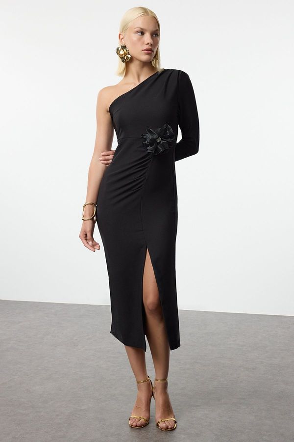 TRENDYOL BLACK ROSE DETAILED ONE SHOULDER WOVEN DRESS
