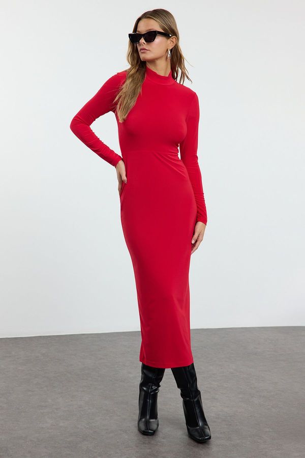 TRENDYOL RED STAND COLLAR FITTED/FITS BODY MAXI STRETCH KNIT DRESS