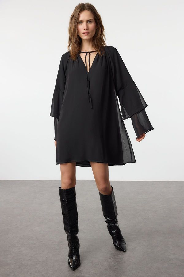 Trendyol Black Plain Ruffle Mini Woven Winter Dress