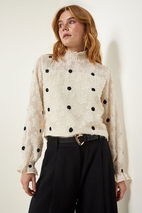 HAPPINESS İSTANBUL CREAM MARKED POLKA DOT WOVEN BLOUSE