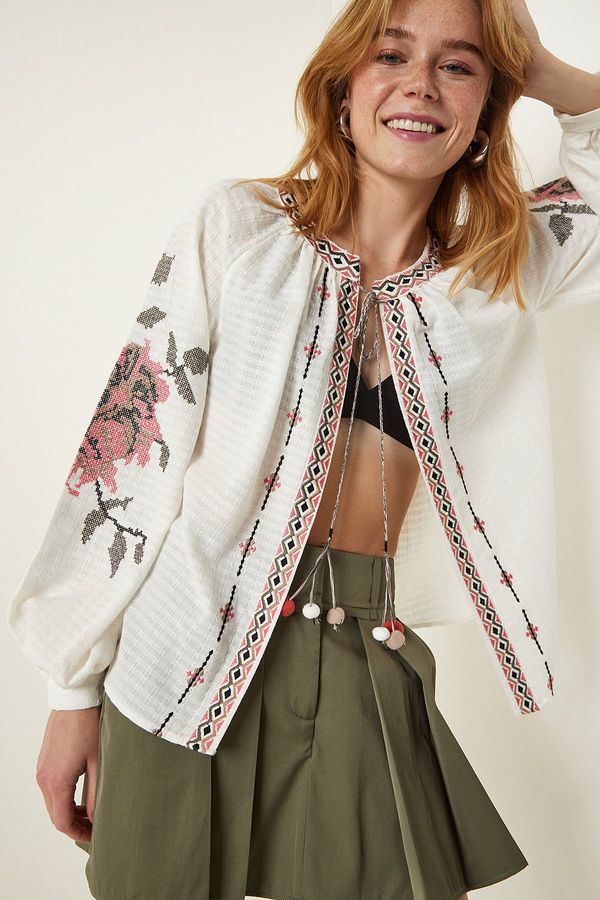 HAPPINESS İSTANBUL ECRU EMBROIDERY DETAIL TIED LINEN BLOUSE