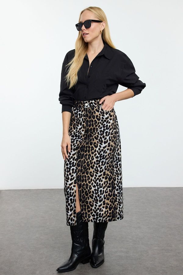 TRENDYOL MULTICOLORED ANIMAL LEOPARD PATTERNED FRONT SLIT MAXI LENGTH WOVEN SKIRT