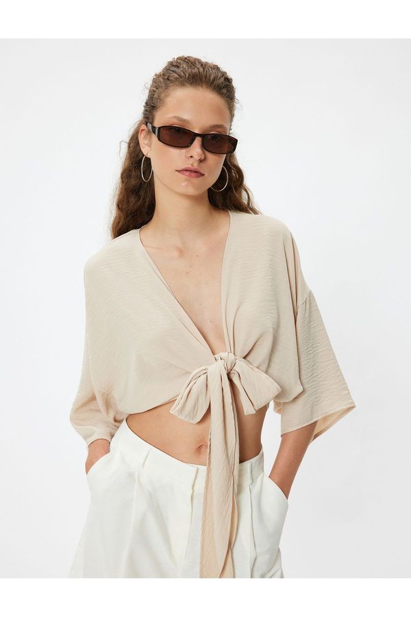 KOTON CROP TOP V-NECK TIE DETAILED OVERSIZE KIMONO SLEEVE