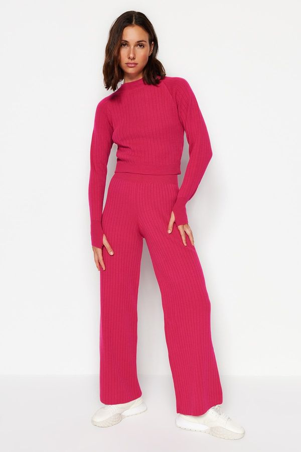 TRENDYOL FUCHSIA CROP FINGER DETAILED KNITWEAR BOTTOM-TOP SET
