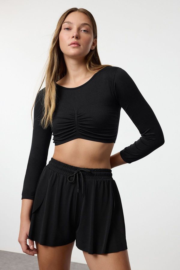 TRENDYOL BLACK SEAMLESS GATHERED DETAIL SUPER CROP KNITTED SPORTS TOP/BLOUSE
