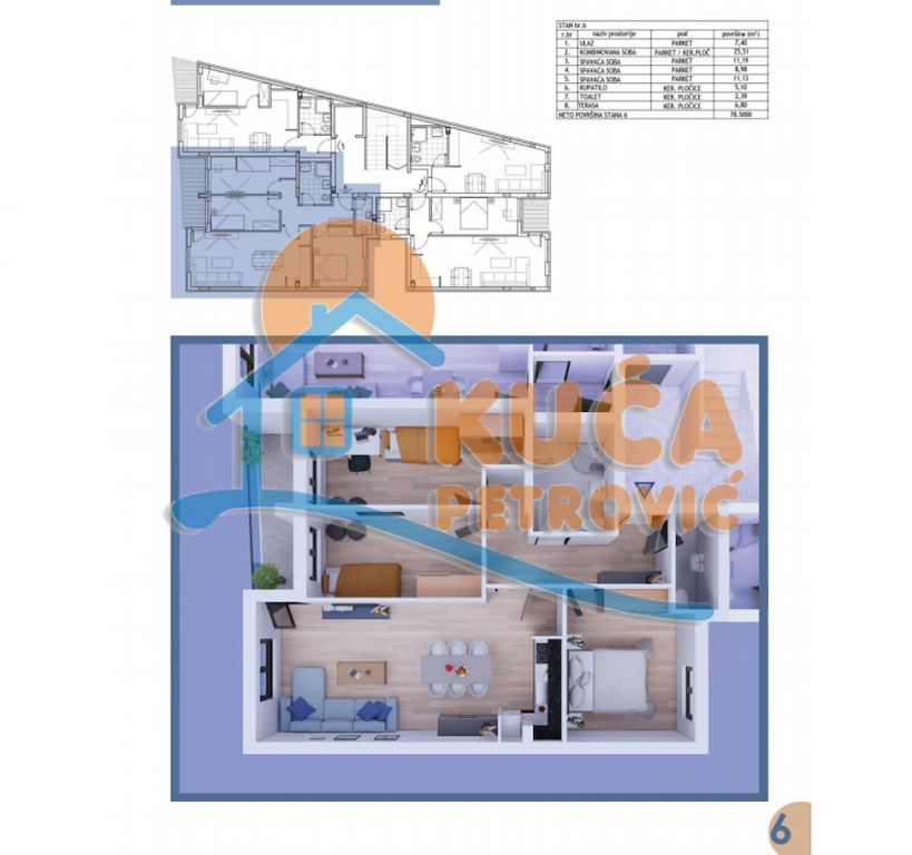 Prelep troiposoban stan, novogradnja 78, 5m2, 2. sprat, Dom Zdravlja, snižena cena