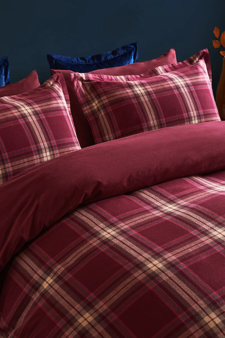 Red Burgundy Check Collection Luxe Brushed 100% Cotton Duvet Cover and Pillowcase Set